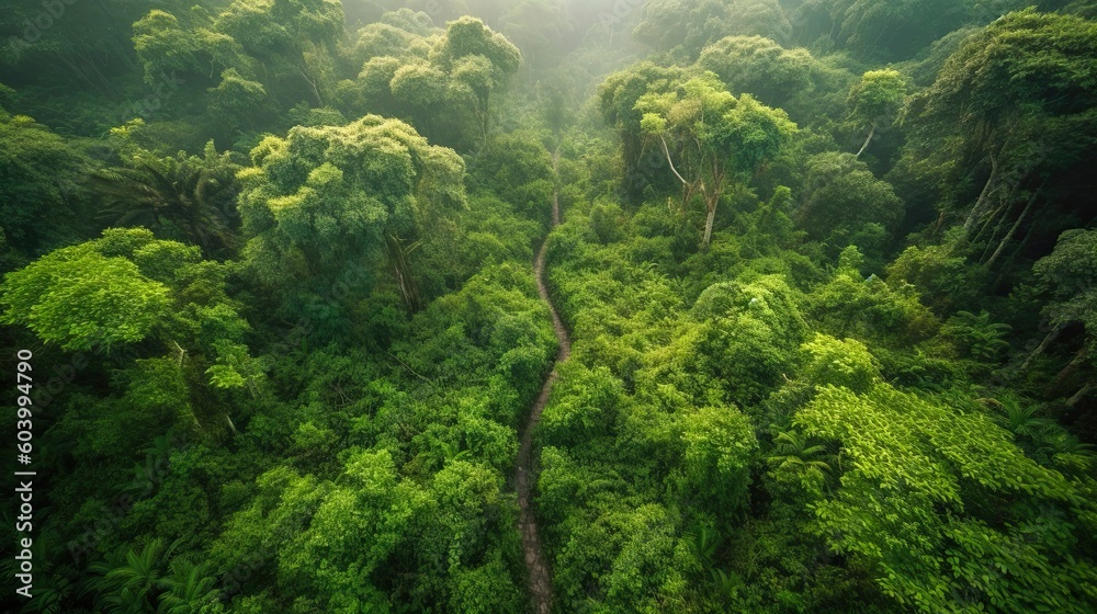 World Environment Day. Aerial view of a vibrant green forest with a ...