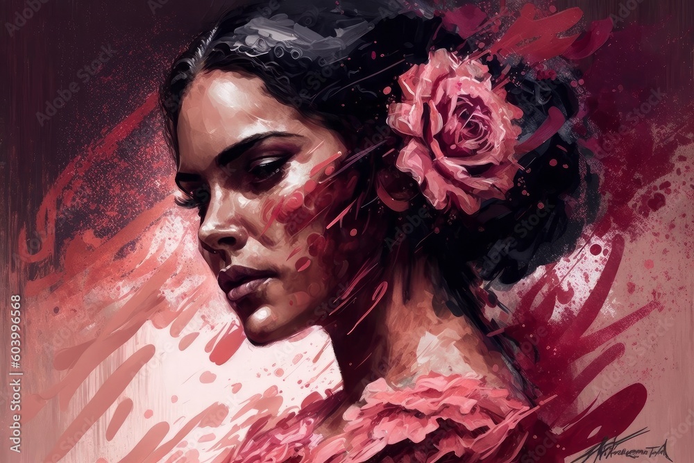 Generative AI illustration of dreamy Hispanic female dancer with black ...