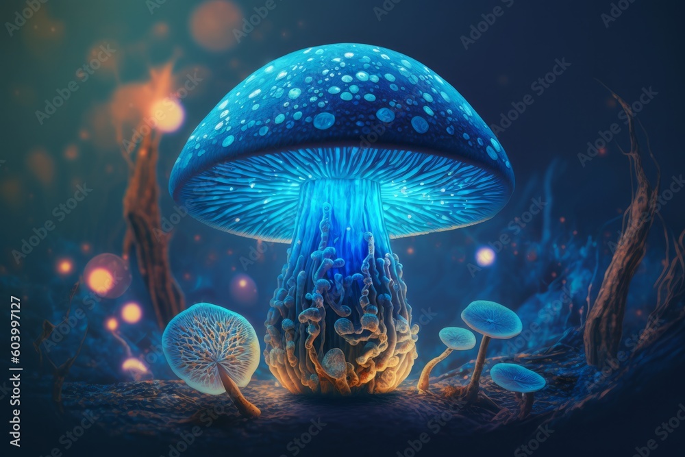 Generative AI illustration of low angle of bright blue mushroom with ...