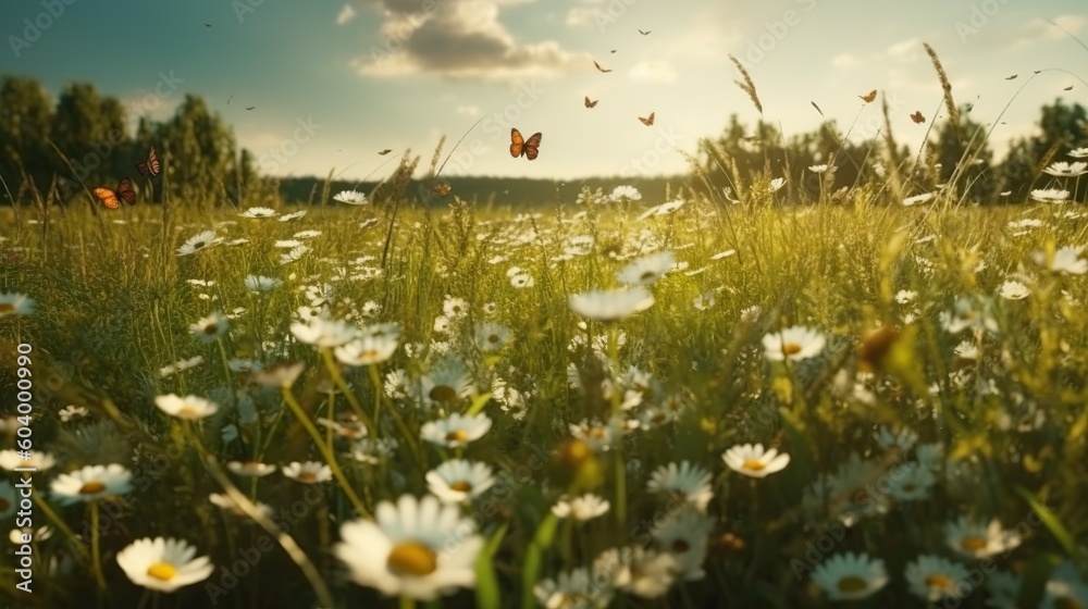 Abstract background with flying butterflies on daisy meadow. Field with ...