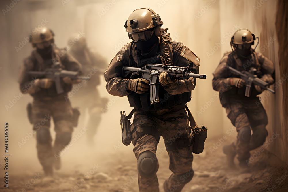 Special forces soldiers in combat with rifles, and bullet-proof gear ...