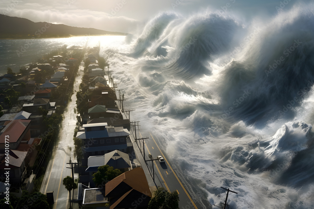 Photo & Art Print Huge wave tsunami hitting shore village with houses ...