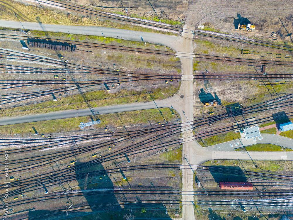 Cargo trains close-up. Aerial view of colorful freight trains on the ...