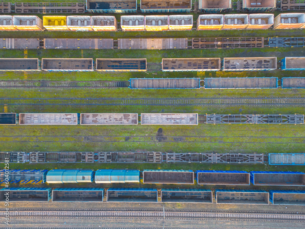 Cargo trains close-up. Aerial view of colorful freight trains on the ...