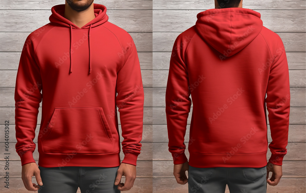 red hoodie sweater photo with front and back view isolated on wooden ...