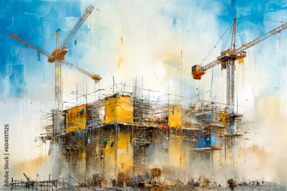 Cranes and construction equipment, scaffolding at a construction site ...