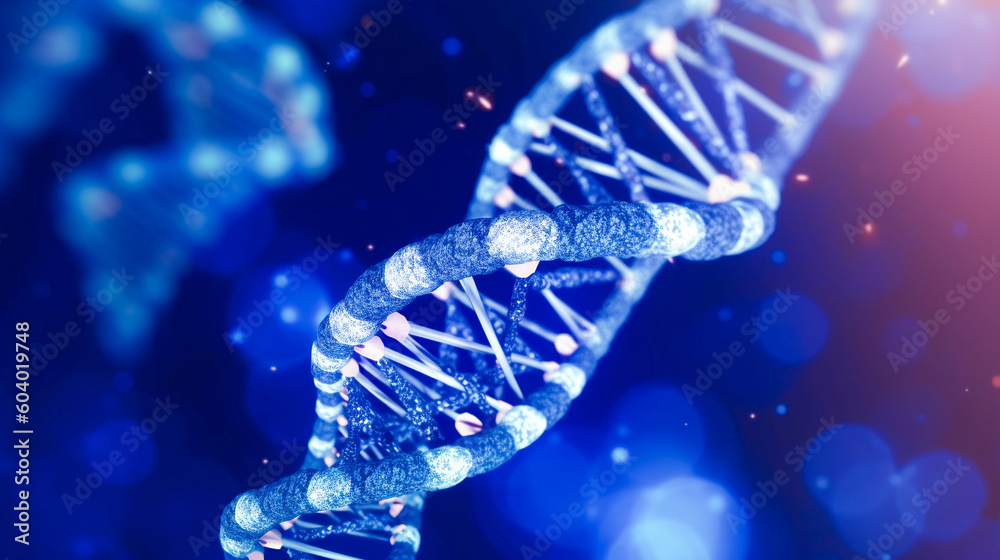 3d human DNA strand structure on blue background. DNA helix model ...