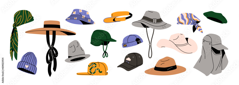 Headwear of different types set. Caps, summer panama, visor, beach ...