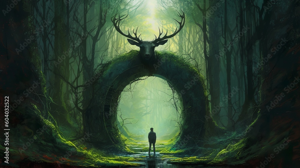 stag waiting in front of a multidimensional gateway, covered in moss ...