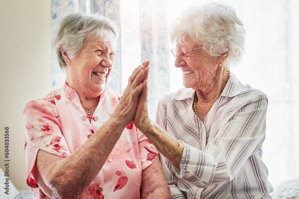 Happy, friends and senior women with a high five for care, retirement ...
