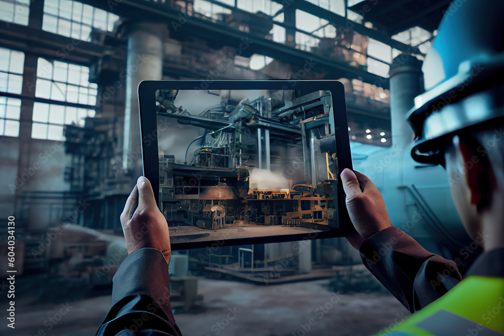 Ai generated illustration Industrial 4.0 , Augmented reality concept. Hand holding tablet with ...