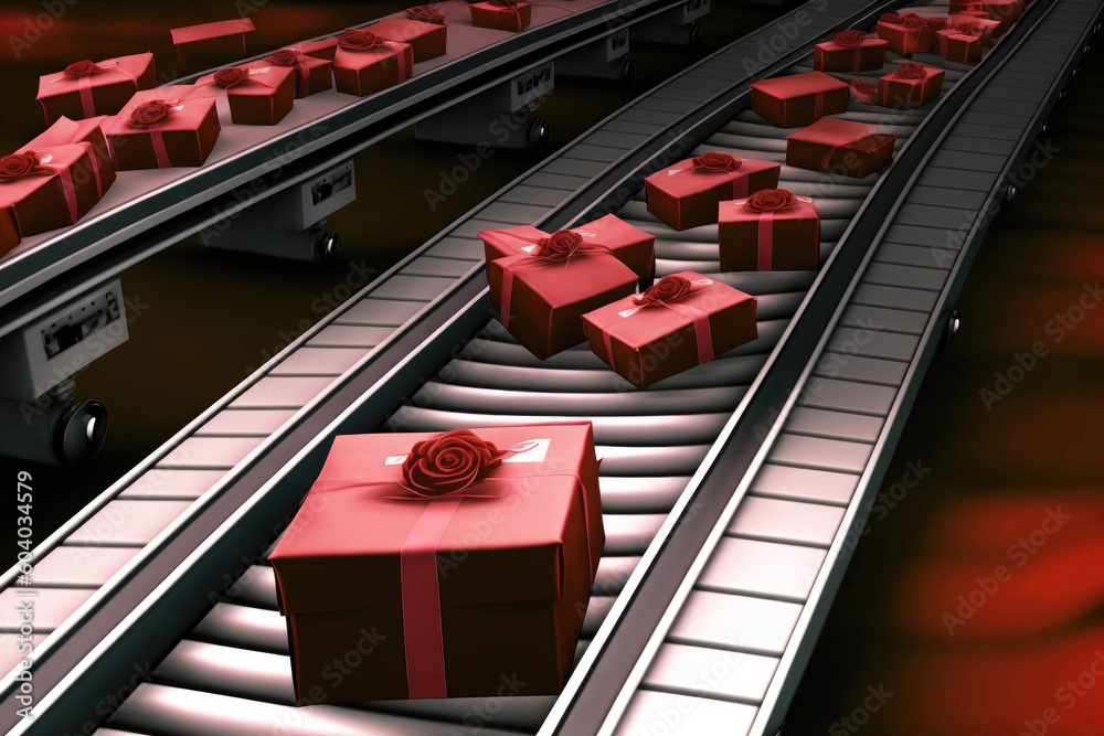 Ai generated illustration Gift factory. Pretty wrapped gift boxes on ...