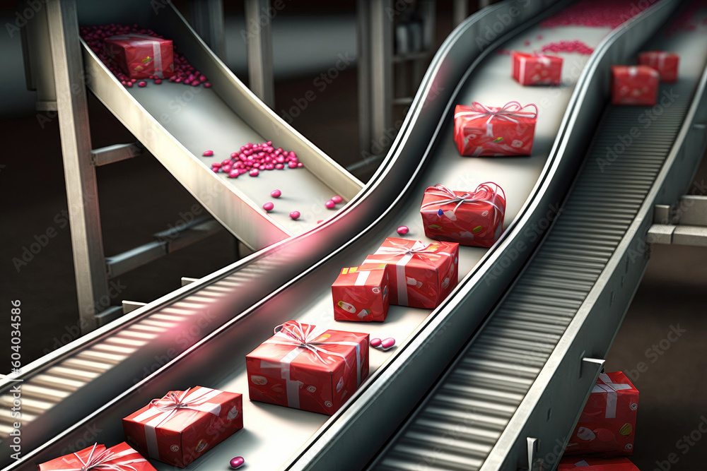 Ai generated illustration Gift factory. Pretty wrapped gift boxes on ...