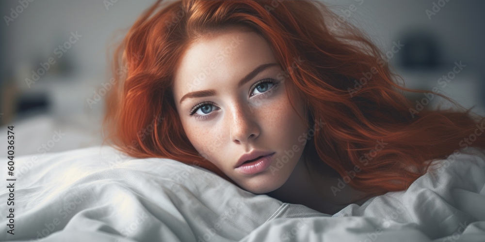 Beauty girl in bed. Yong beautiful woman with curly red hair lying in ...