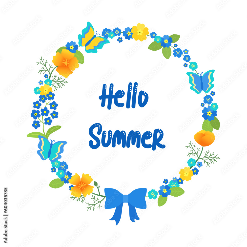 Hello summer frame vector. Circle border frame with summer symbols ...