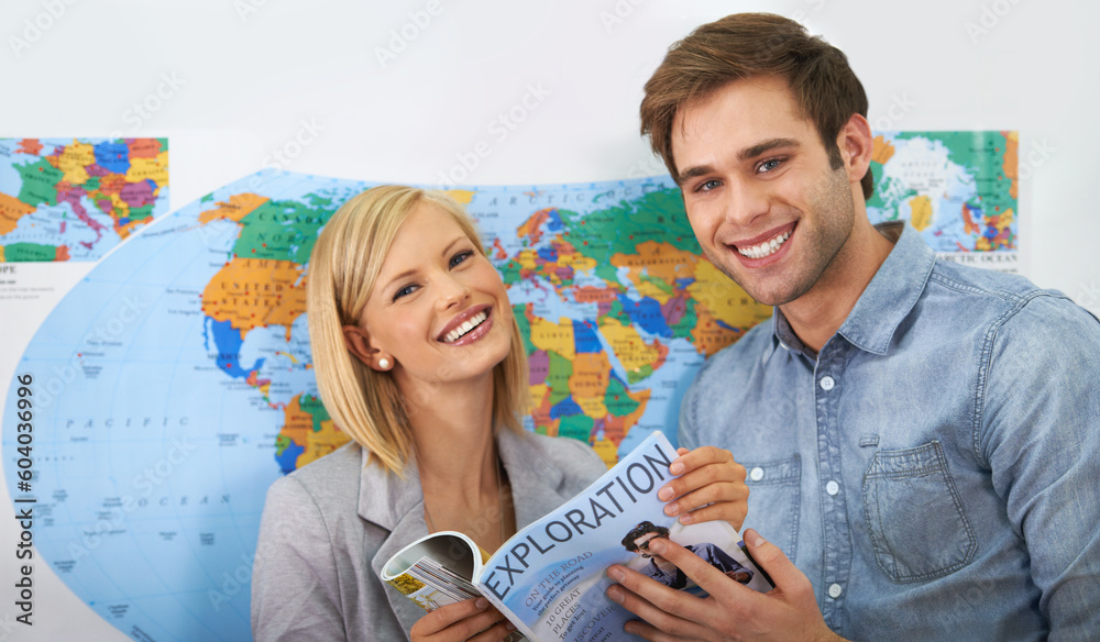 Travel agency brochure, office portrait or happy people reading ...