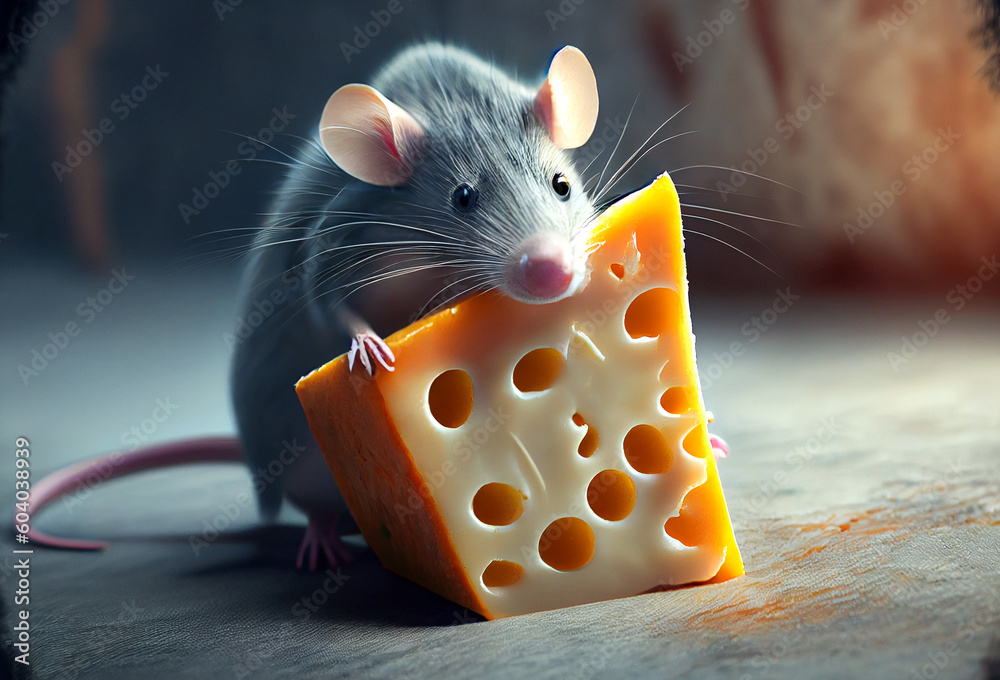 A photorealistic illustration of a rat with a piece of cheese ...