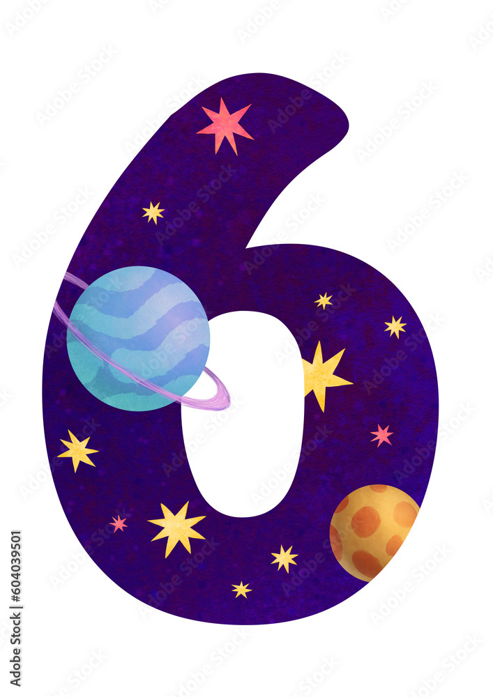 Number six (6). Space theme. Colorful children hand drawn illustration ...