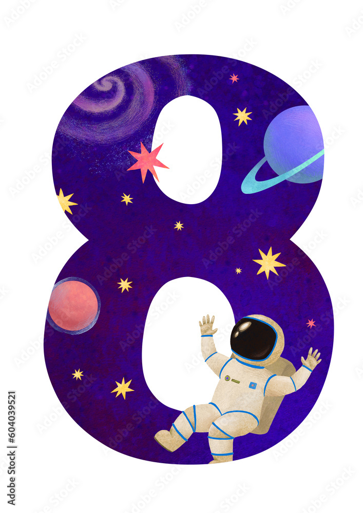 Number eight (8). Space theme. Colorful children hand drawn ...
