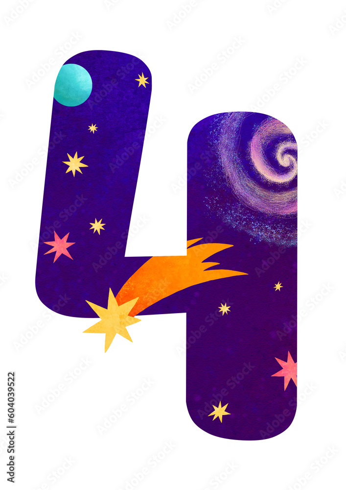 Number four (4). Space theme. Colorful children hand drawn illustration ...