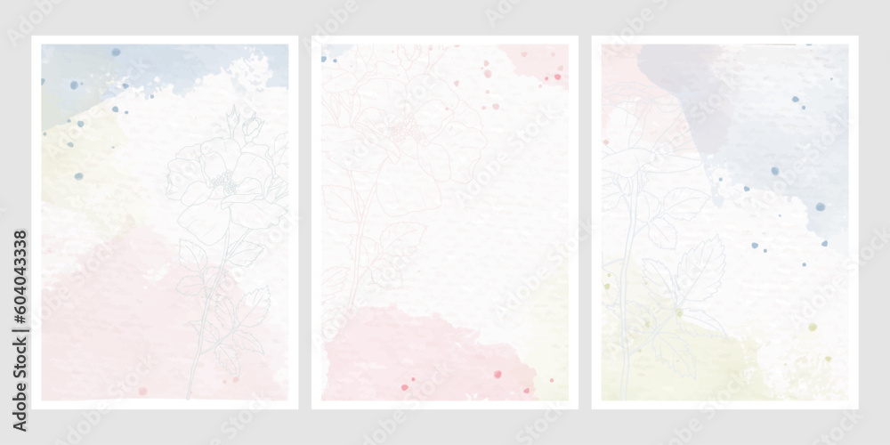 pastel blue and pink line art rose flower bouquet frame on watercolor ...