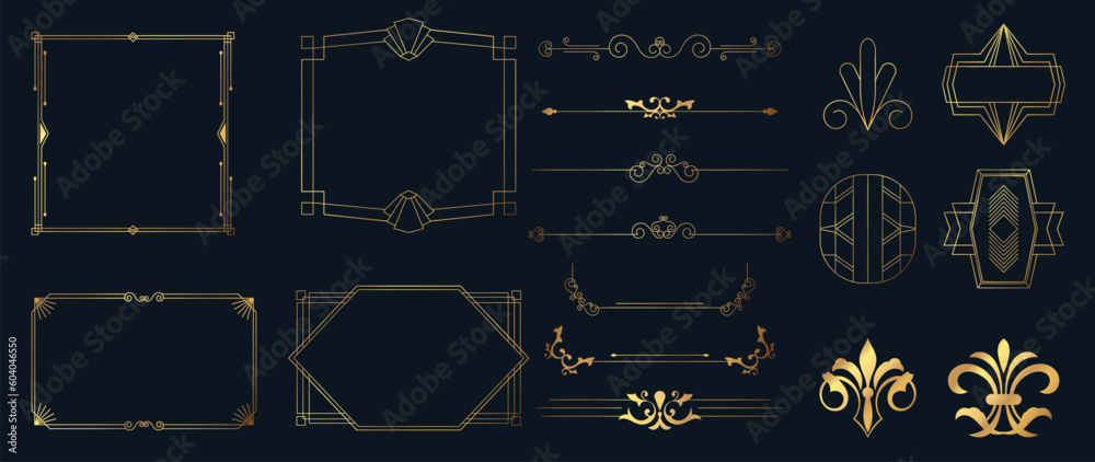 Collection of geometric art deco ornament. Luxury golden decorative ...