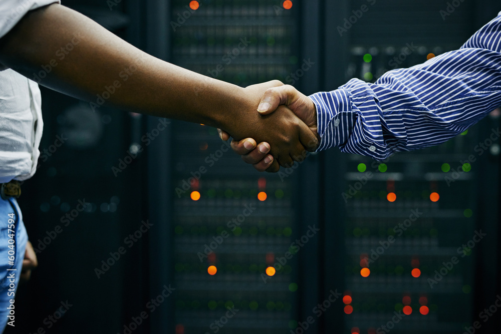 Handshake, partnership or people in server room of data center worker ...