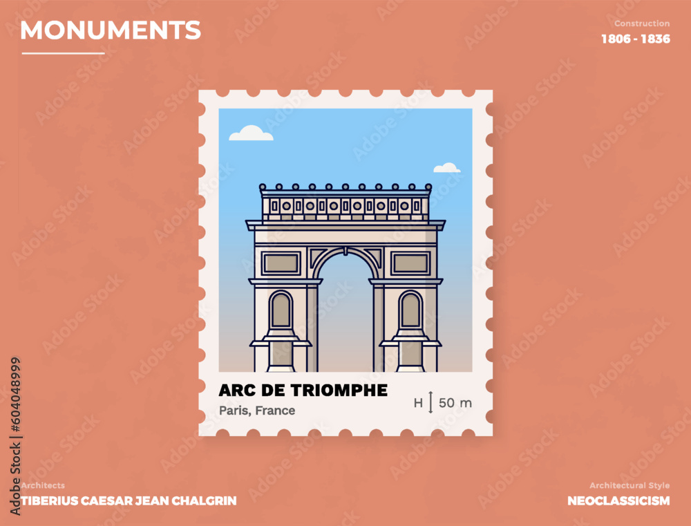 Arc De Triomphe Monument Postage stamp ticket design with information ...