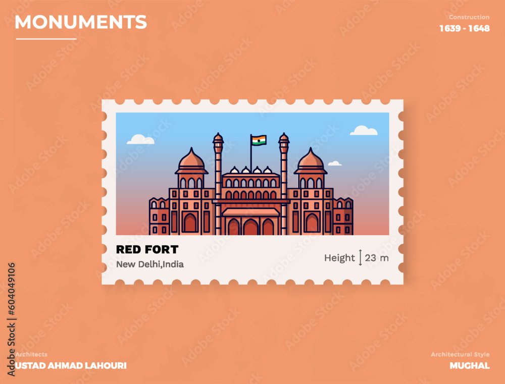 Poster Red Fort Monument Postage stamp ticket design with information ...