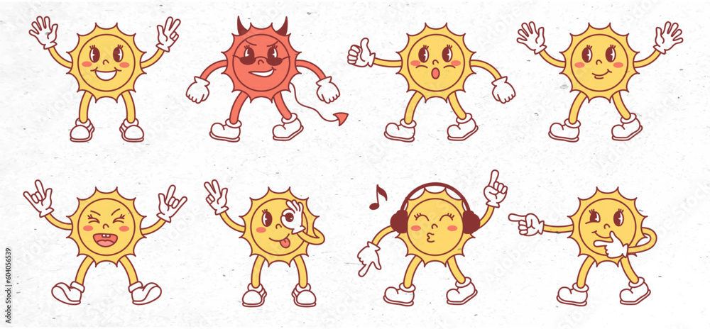 Cartoon sun mascot. Funny character vector illustration set. Retro ...