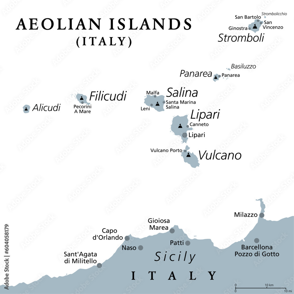 Aeolian Islands, gray political map. Volcanic archipelago in the ...