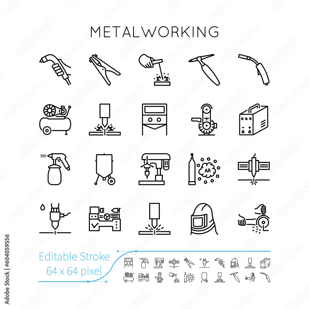 Metalworking Icon Set. Editable vector stroke. Welding, Sharpening ...