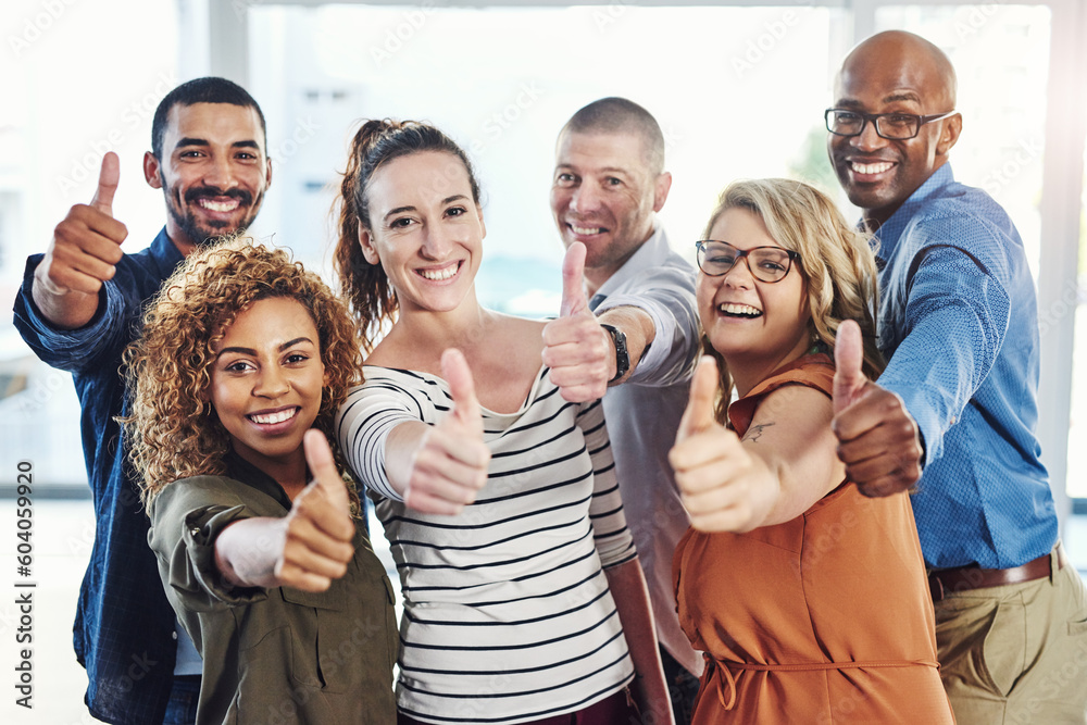 Foto de Yes, thumbs up portrait and business people with diversity, winner and thank you like ...