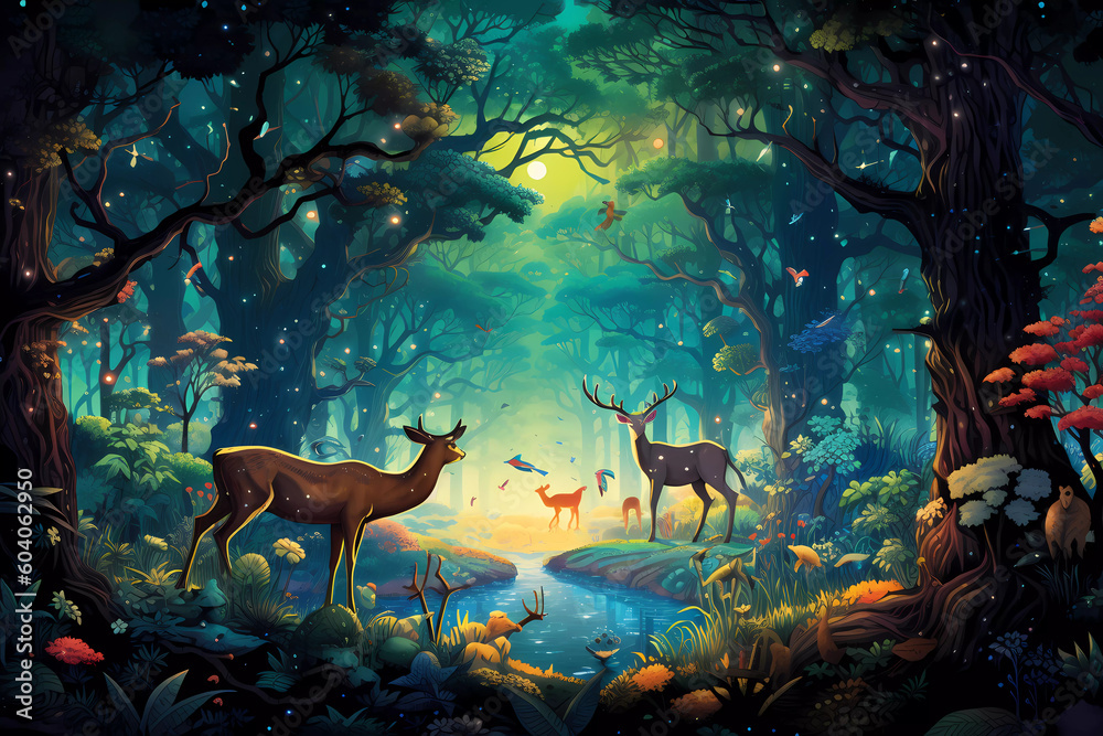 Anime animals and imaginary creatures at night in enchanted forest from ...