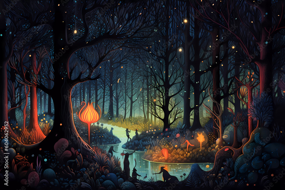 Anime animals and imaginary creatures at night in enchanted forest from ...