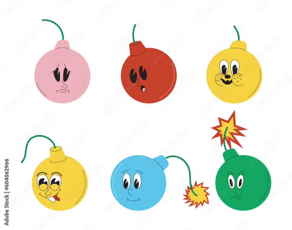 Crazy bomb, mascot character set. Doodle weapon sticker, dynamites with ...