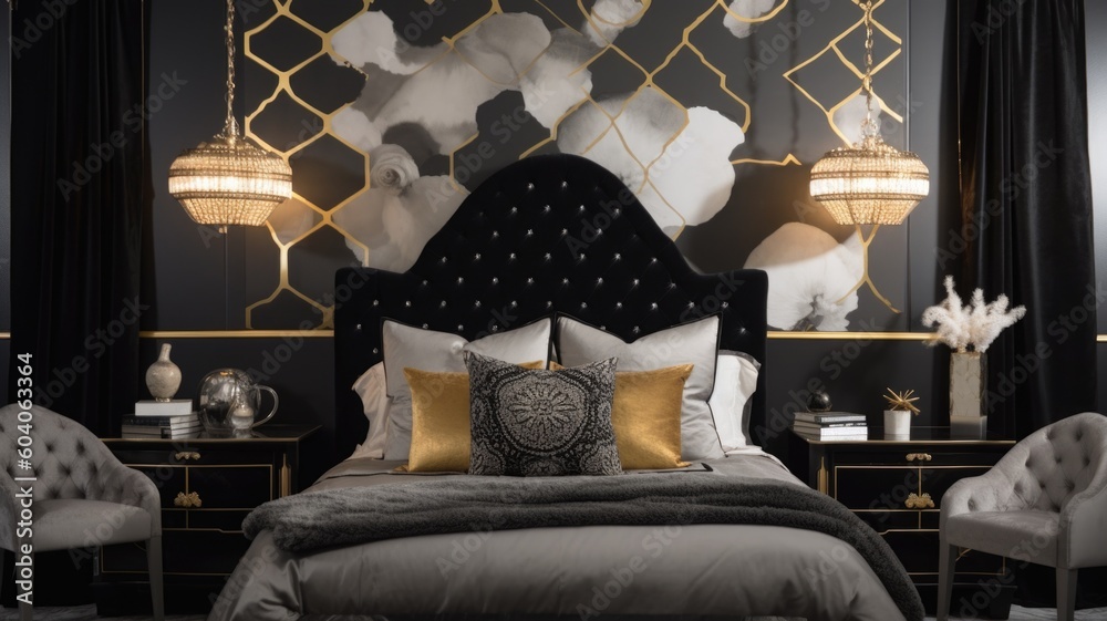 Interior design of Bedroom in Art Deco style with Tufted Headboard ...