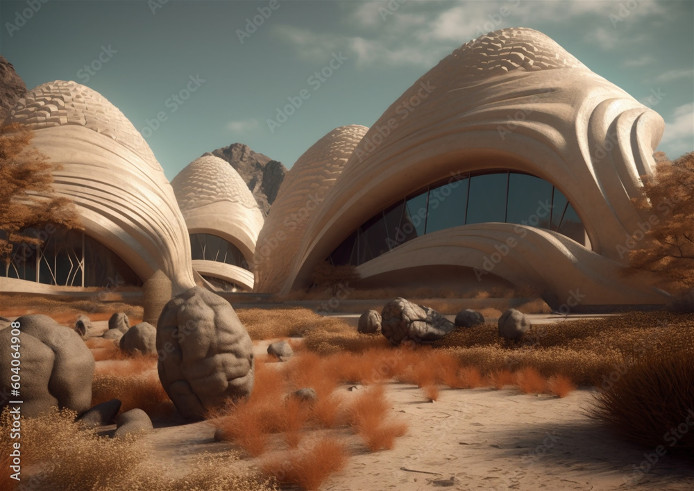 Uniquely designed alien-shaped villa buildings in the desert Stock ...