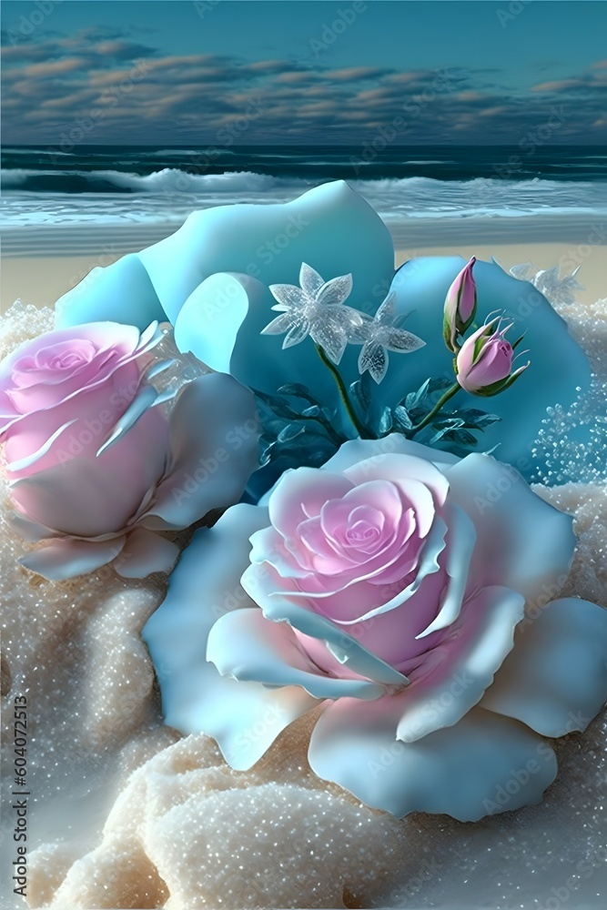 render many beautiful pale pink roses and light blue roses on cg beach ...