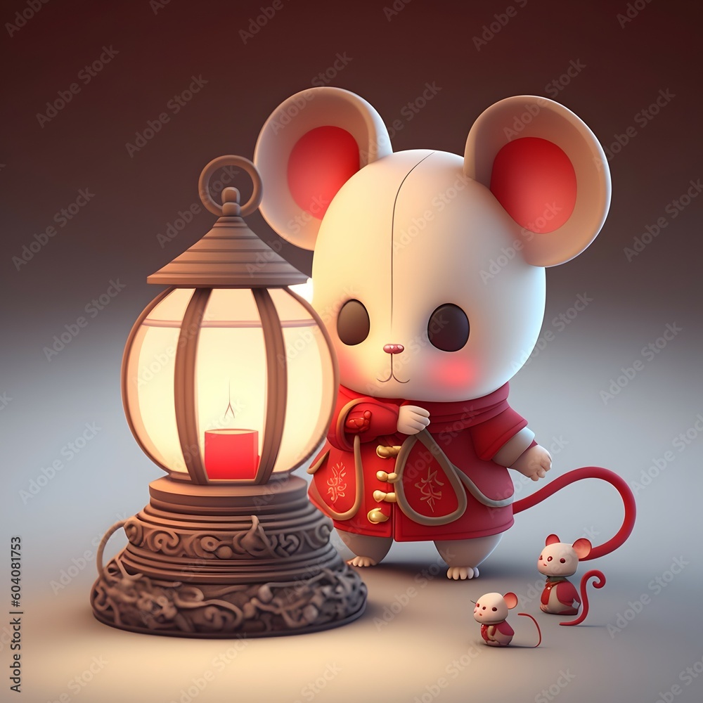 red lantern with colorful lantern, bow, cute white mouse in chibi style ...