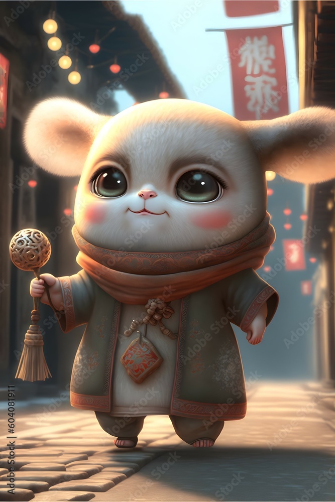 ancient chinese winter morning streets, fireworks, 3d, super cute pixar ...