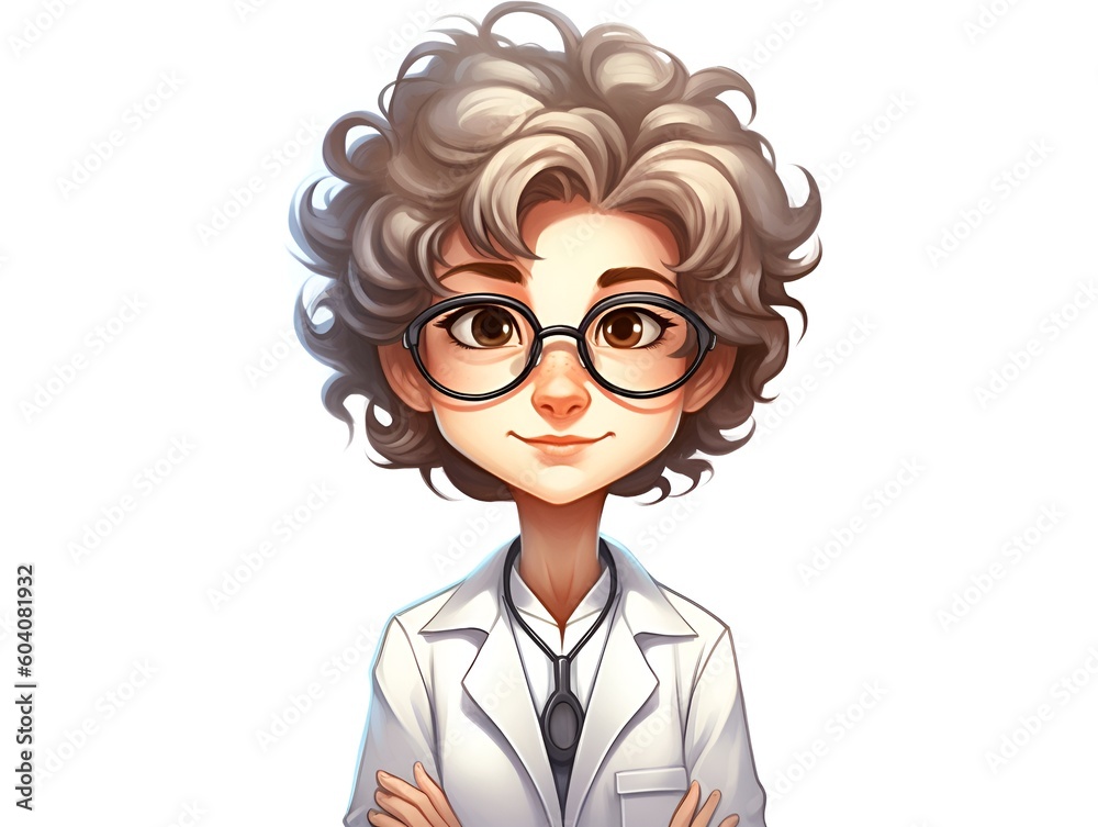 Cartoon style avatar illustration of a young woman with curly hair and ...