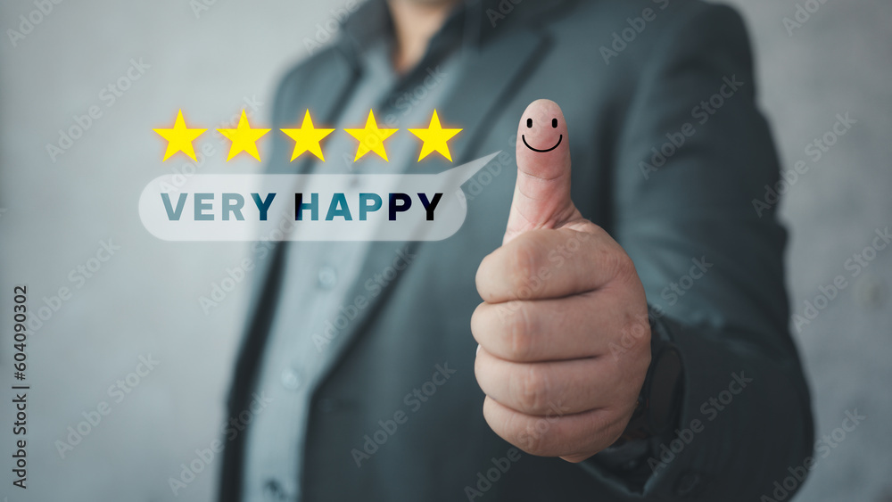 Customer experience satisfaction concept. Customer hand with thumb up ...