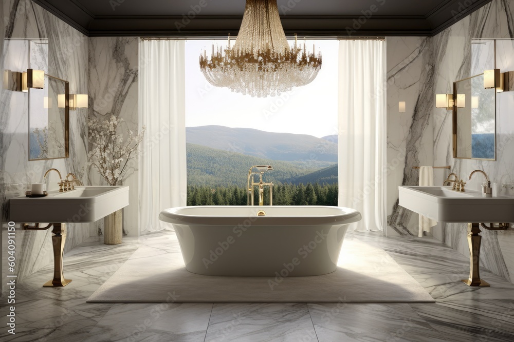 Luxurious bathroom with marble finishes, a freestanding bathtub, and a ...