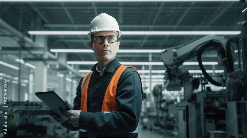 Male engineer standing inside the smart factory looking at the camera ...