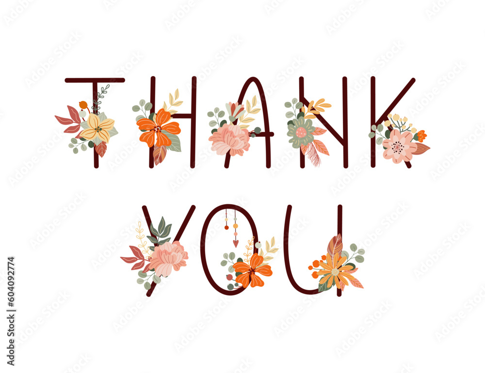 THANK YOU typography text design decorated with flowers. Floral ...