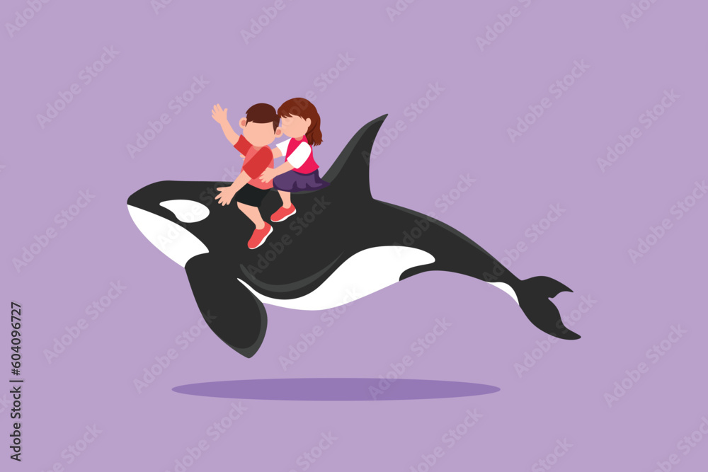Character flat drawing adorable little boy and girl riding orca ...