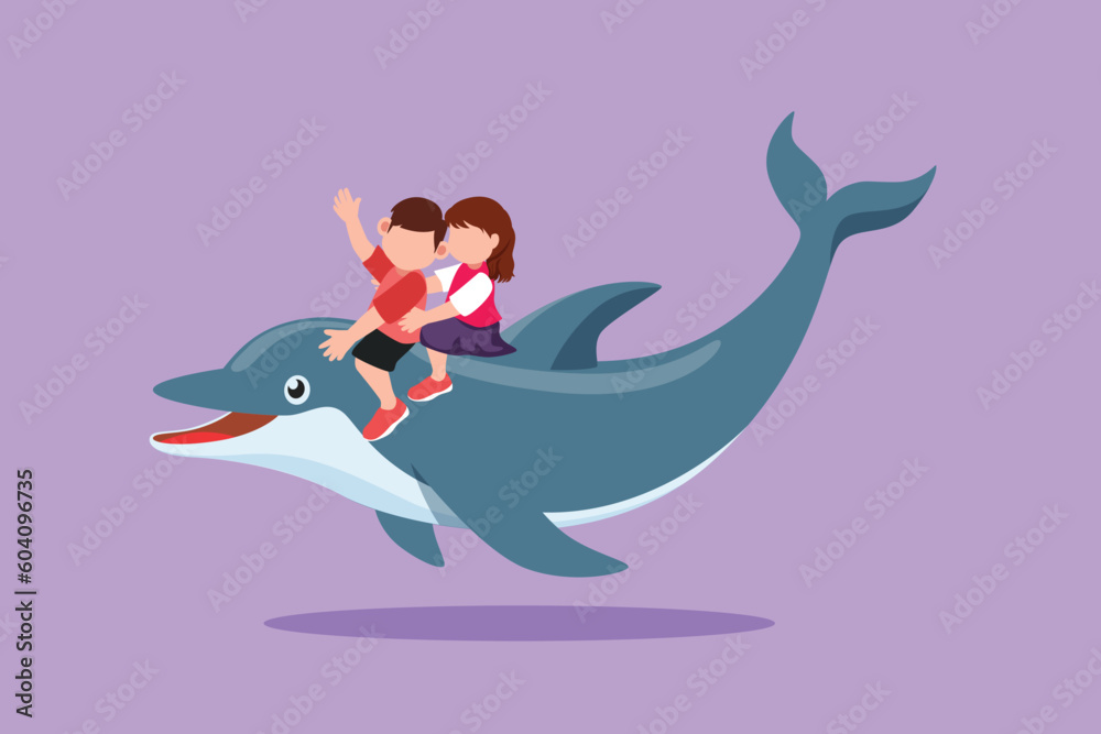 Cartoon flat style drawing cute little boy and girl riding dolphin ...