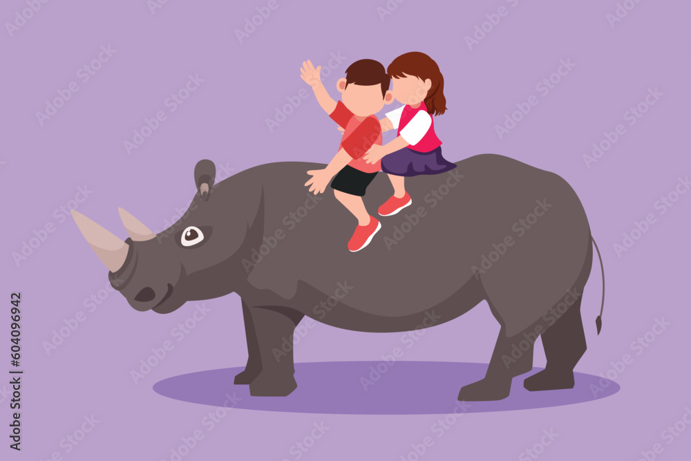 Cartoon flat style drawing happy little boy and girl riding rhino ...