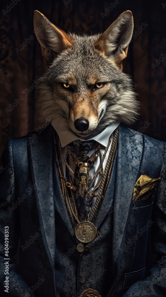 Wolf dressed in an elegant suit with a nice tie. Fashion portrait of an ...